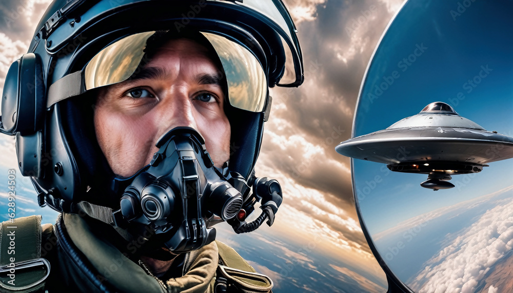 concept illustration double exposure of a fighter jet pilot in helm and ...