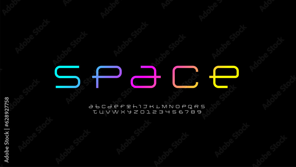 Technical wide thin future font, digital bright cyber alphabet, trendy ...