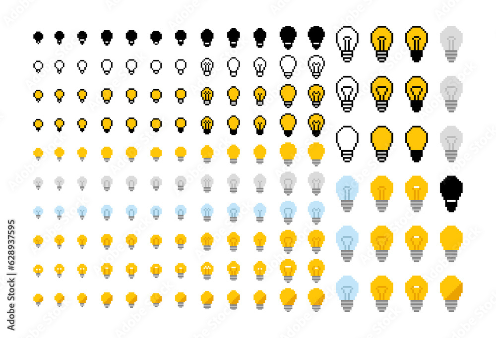 8 bit lightbulb idea icon sheet, pixel ideas lightbulb, pixelated light ...