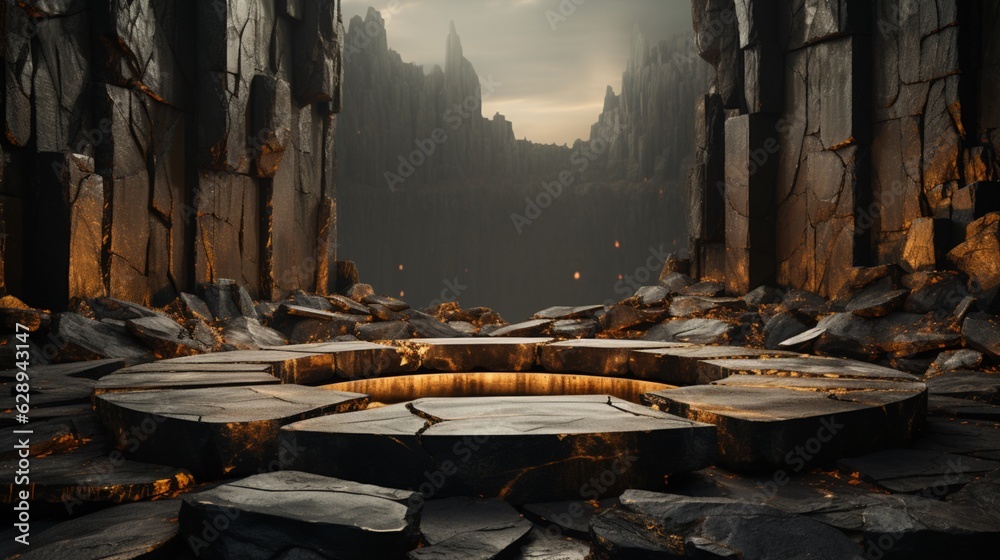 abstract background with black cobblestone ruins, broken rocks and ...