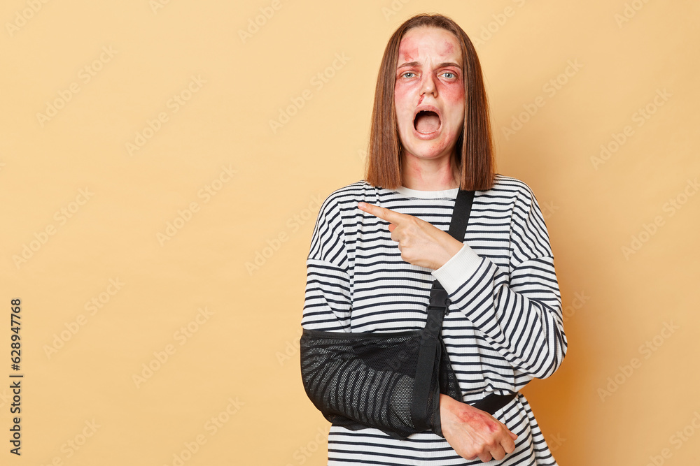 Excited scared woman with bandage has problems with health, has bruised ...