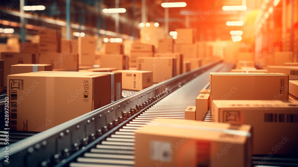 Cardboard boxes go on rails in a warehouse. Generative AI illustrator ...