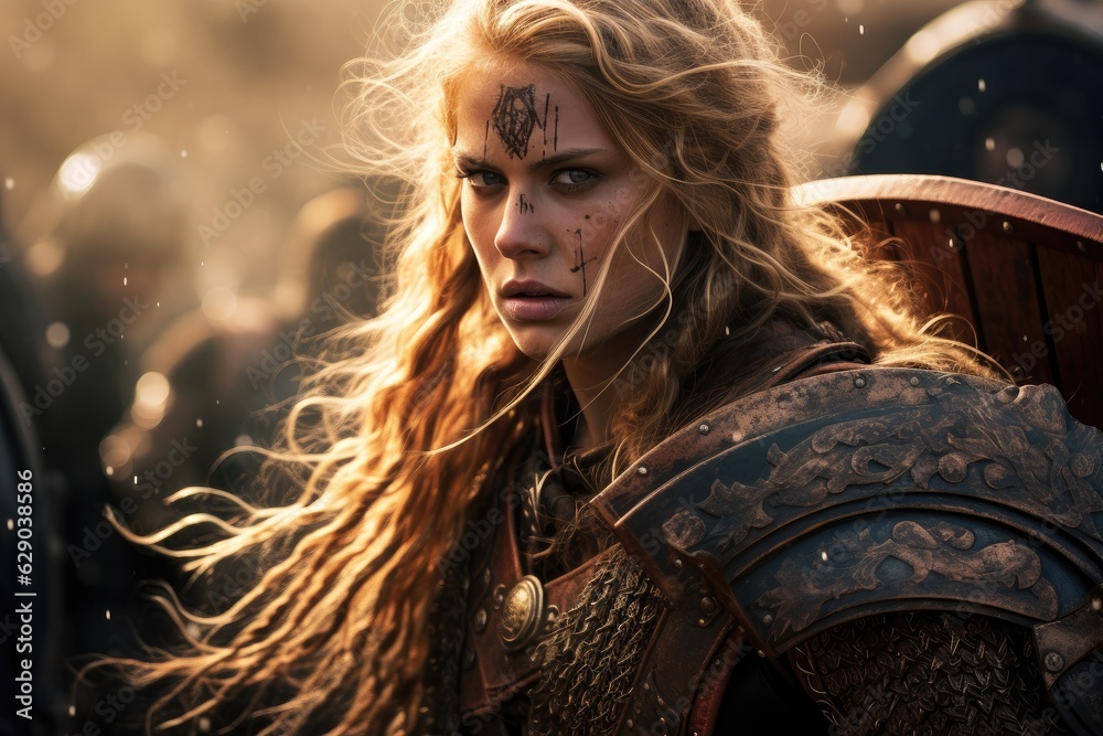 Portrait of an ancient female viking warrior with blonde hair, metal ...