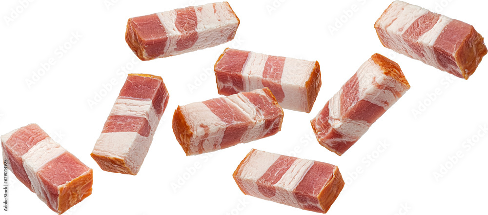 Italian pancetta, falling bacon cubes, diced smoked ham isolated on ...