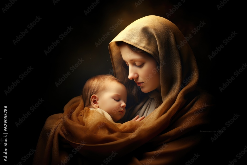 Nativity scene: Virgin Mary and Baby Jesus Stock Illustration | Adobe Stock
