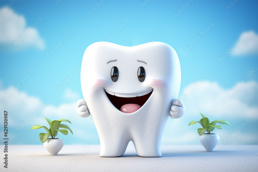 Tooth character with plant on blue sky background. 3d illustration ...