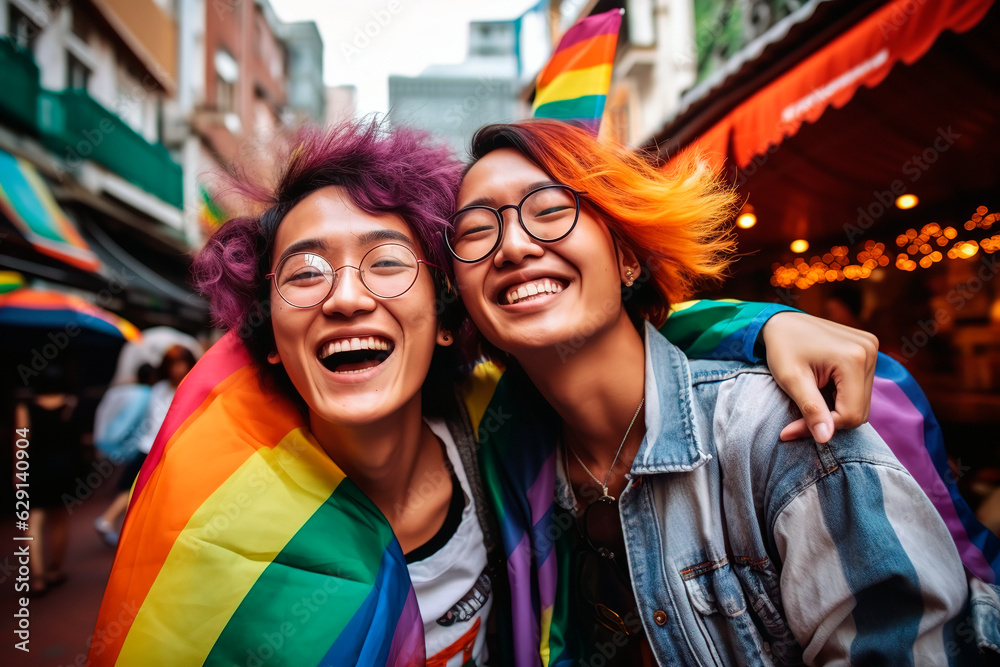 beautiful female young lesbian couple and a rainbow flag, a symbol of ...