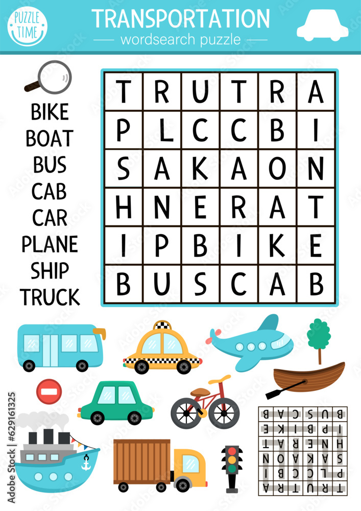Vector transportation wordsearch puzzle for kids. Simple word search ...