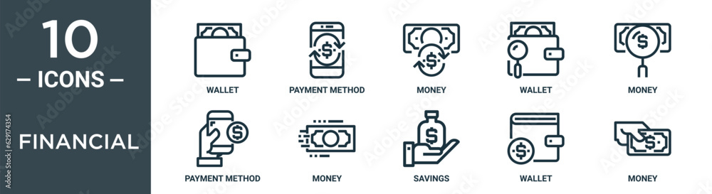 financial outline icon set includes thin line wallet, payment method, money, wallet, money ...