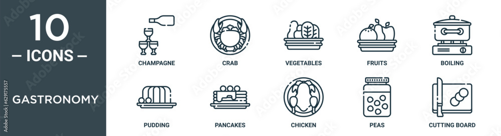 gastronomy outline icon set includes thin line champagne, crab ...