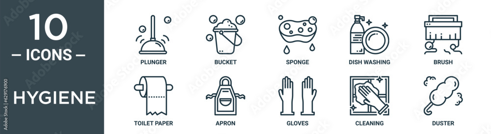 hygiene outline icon set includes thin line plunger, bucket, sponge ...