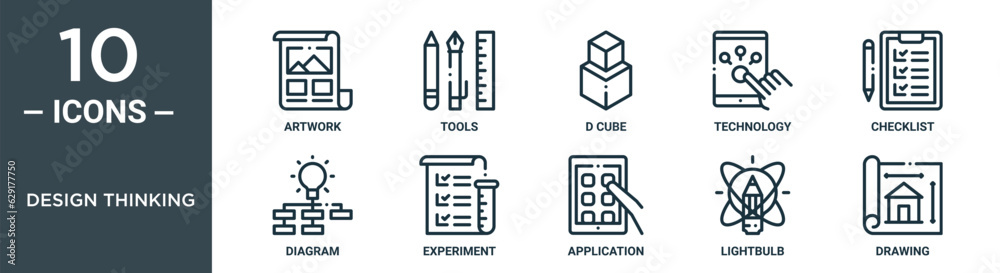 design thinking outline icon set includes thin line artwork, tools, d ...