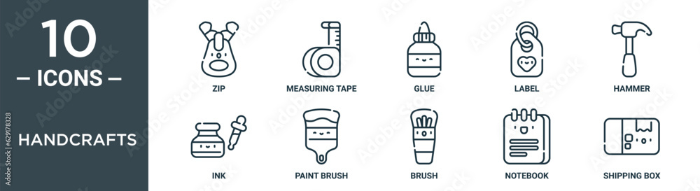 handcrafts outline icon set includes thin line zip, measuring tape ...