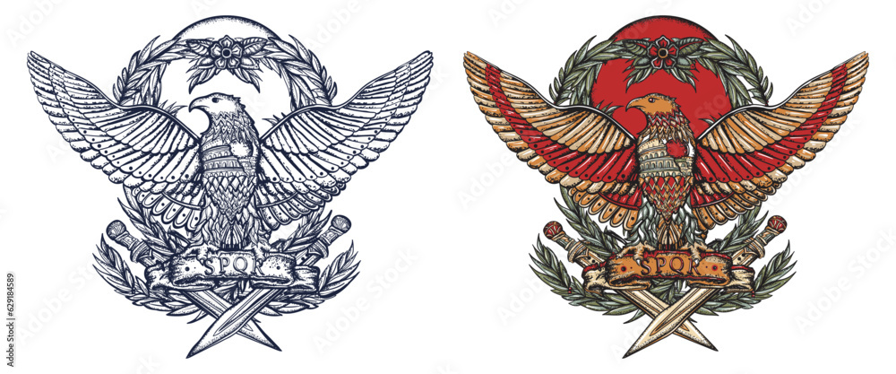 Roman Empire. Imperial eagle and crossed swords. Color tattoo and t ...