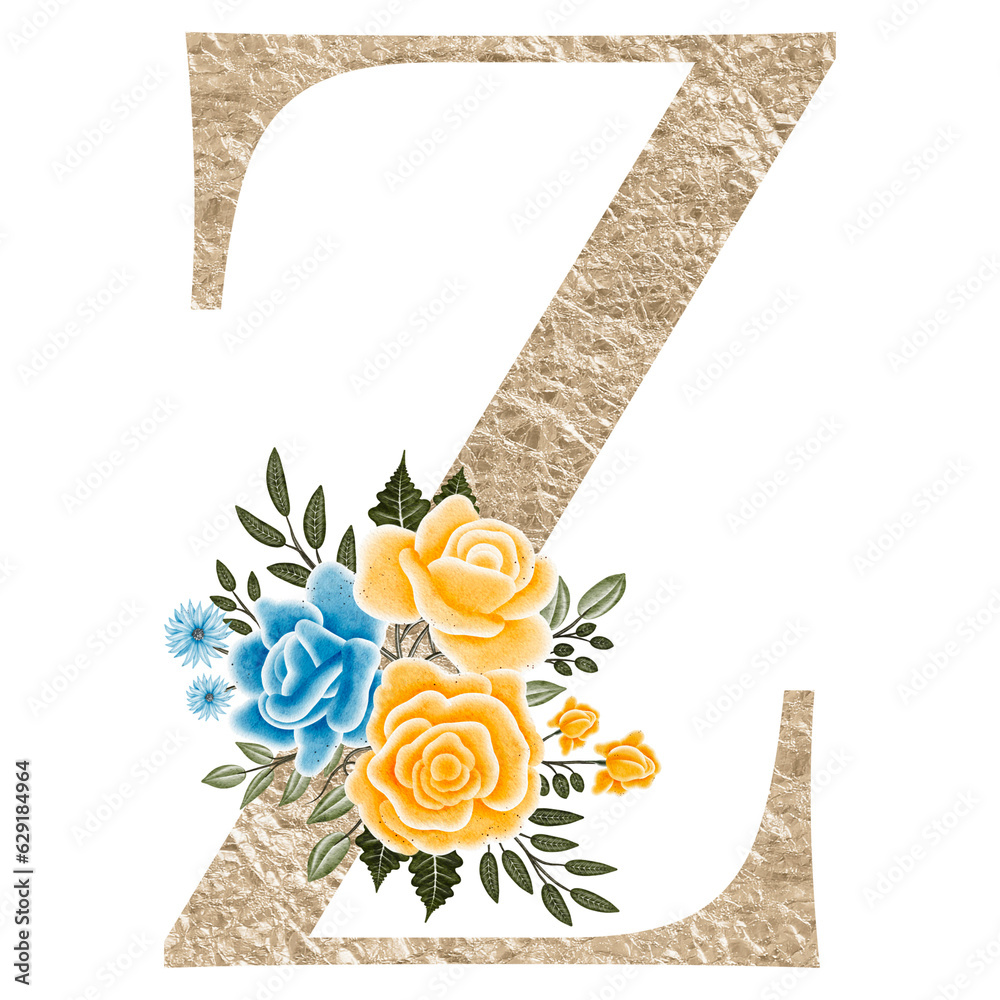 Floral alphabet, gold letter with watercolor flowers and leaf. Hand ...