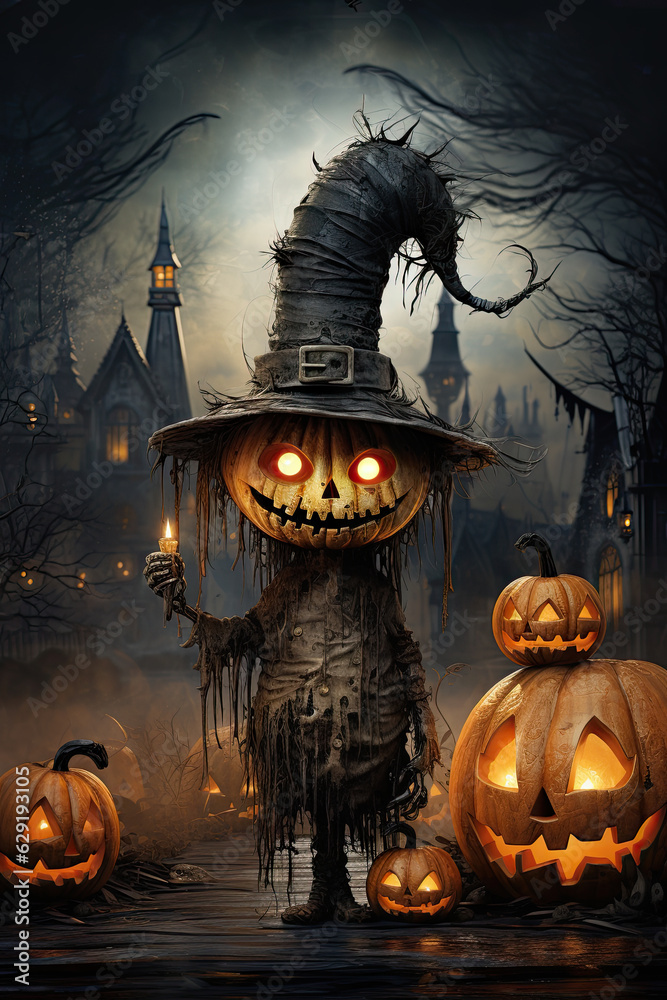 Spooky Halloween monster. Its head is creepy pumpkin, it holds a candle ...