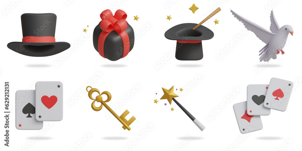 magic 3D vector icon set. magician hat,gift box,white dove,card,key ...