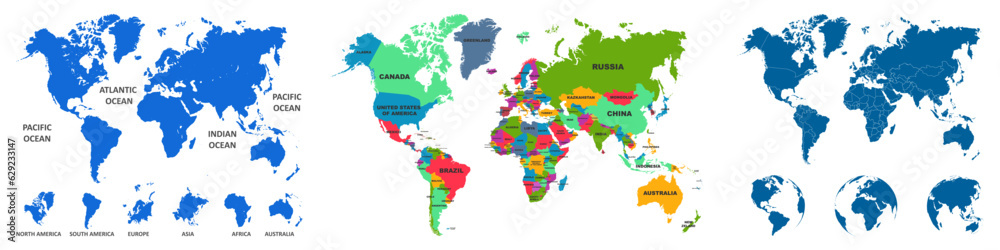 Set World Map Earth Planet, colourful world countries and country names ...