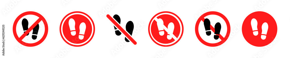 Set of no shoes vector icons. Red sign with stop, ban, prohibition ...