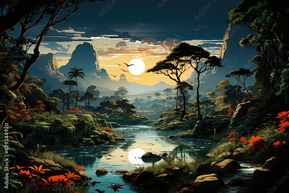 Background ai, tropical jungle landscape, dense green misty fantasy ...