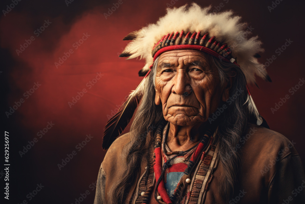 Portrait of elder native American Indian man in Apache-headdress tribal ...