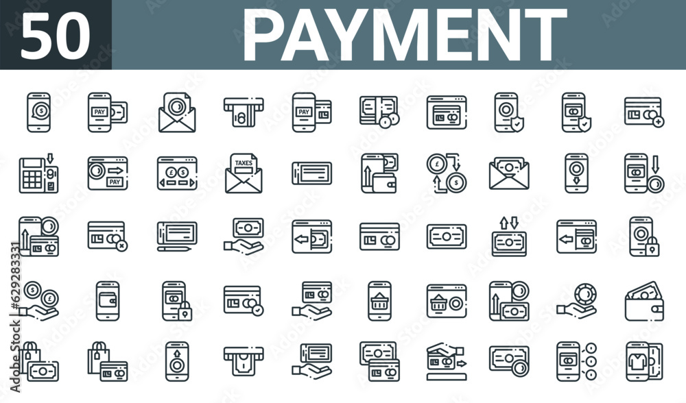 set of 50 outline web payment icons such as payment method, payment ...