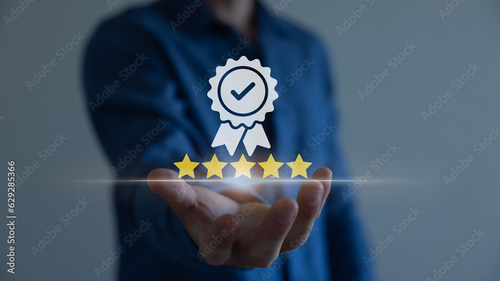 Businessman Hand shows the sign of the top service the best Quality ...