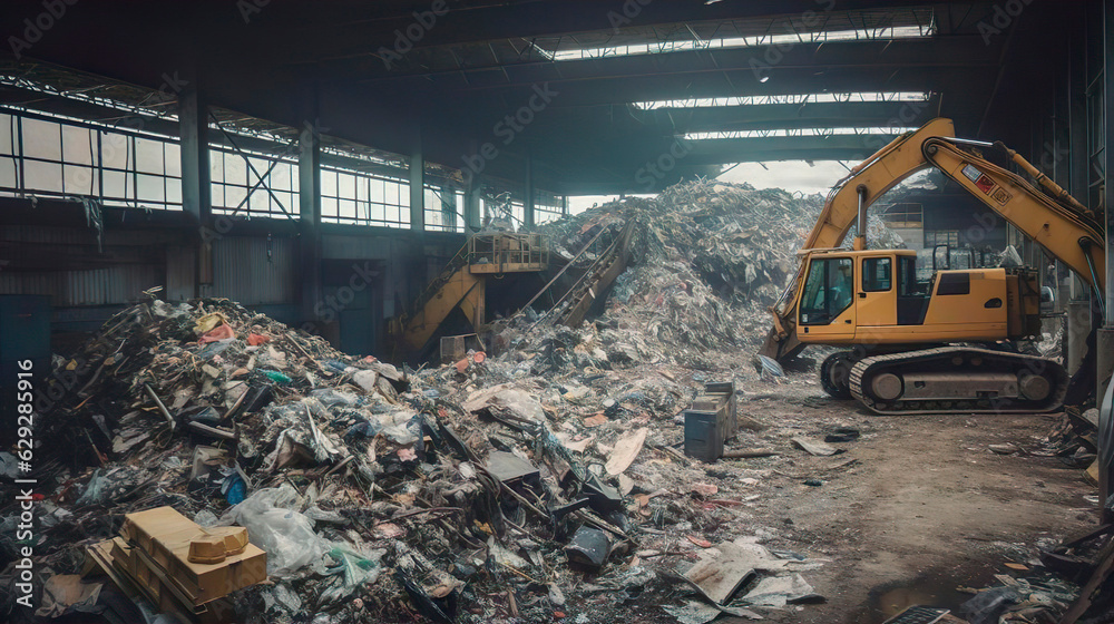 Trash piles. Bulldozer driver manages the garbage. Plastic pollution ...