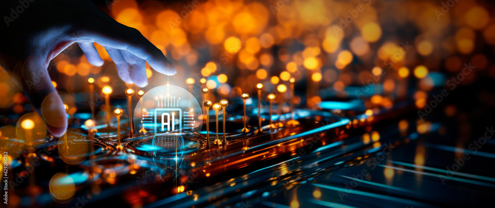 Businessman hand touching the brain working of Artificial Intelligence (AI) in the futuristic ...