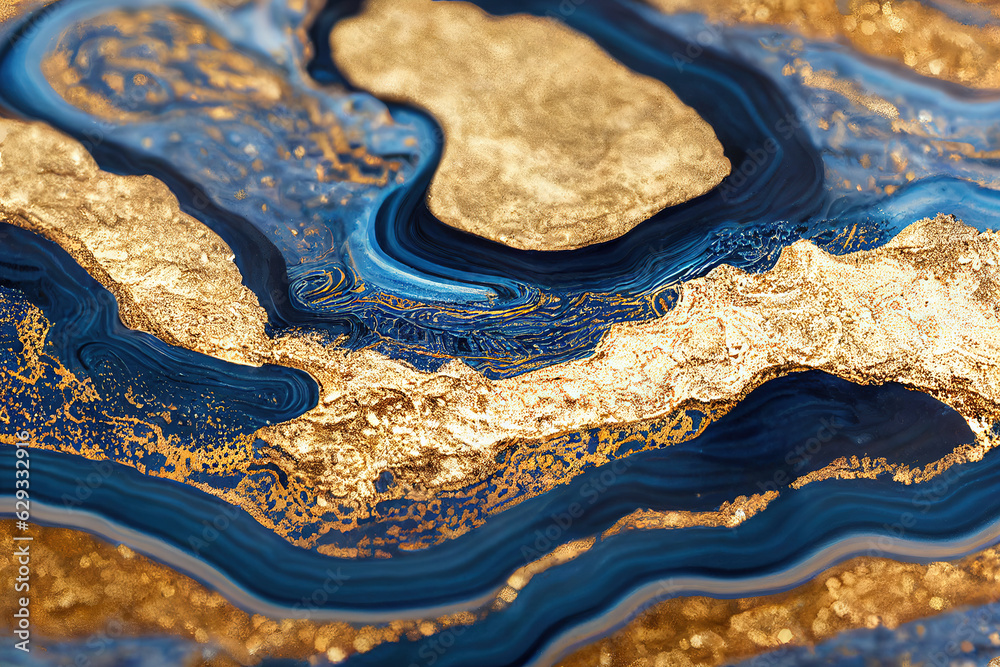 Blue and golden acrylic liquid ink swirl abstract background with ...