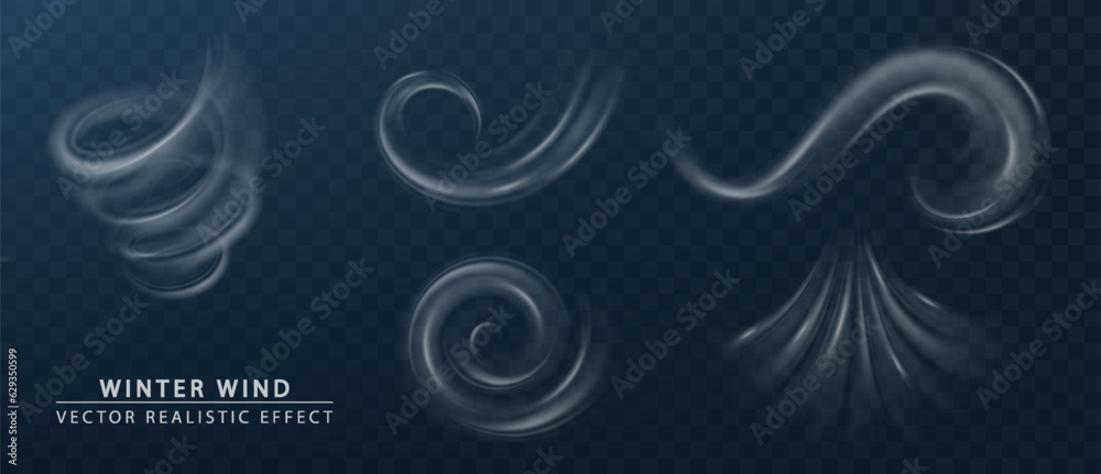 Winter wind blow, wind swirls isolated. Vector realistic symbol of ...