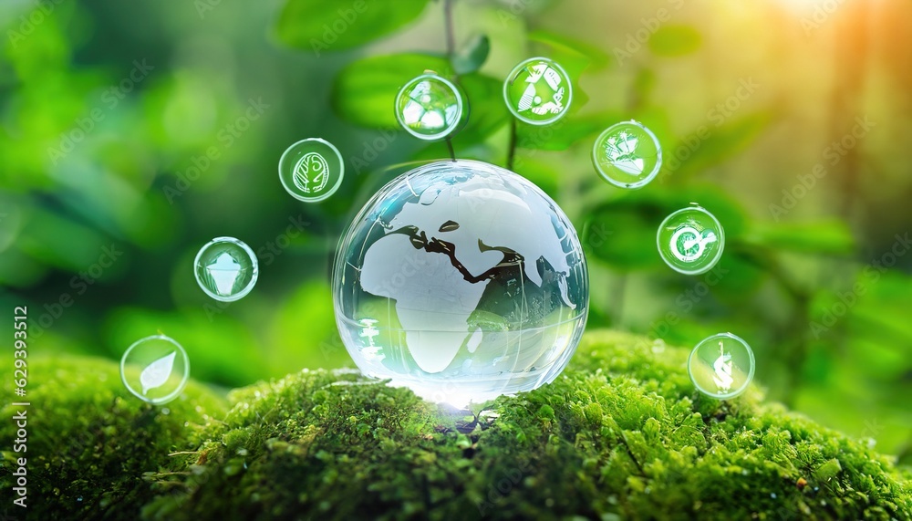 Glass globe in green forest with the icon environment of ESG, co2 ...