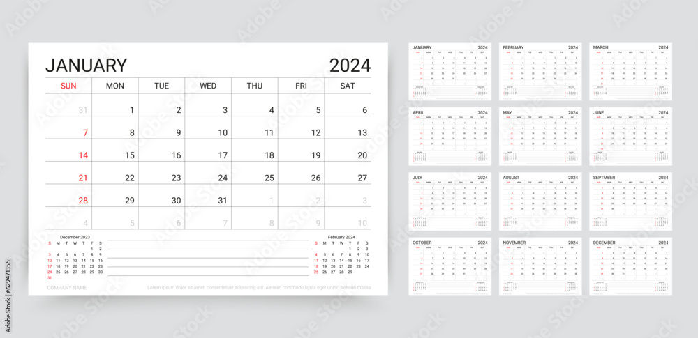 2024 calendar. Planner calender template. Week starts Sunday. Yearly ...