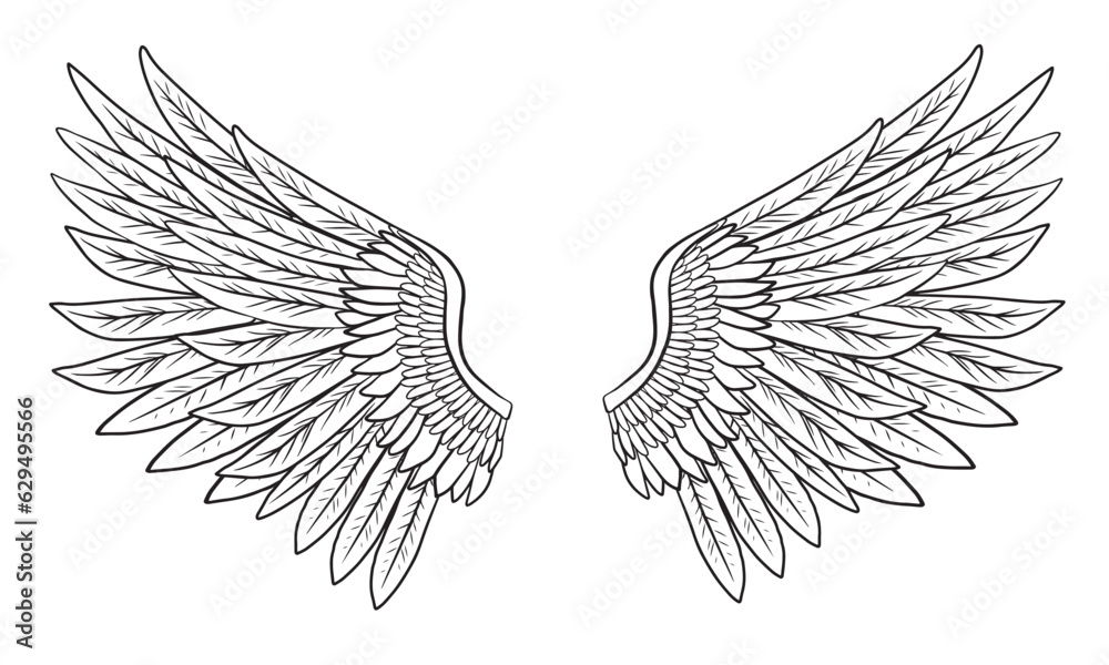 White angel wings. Handmade linear drawing. Vector illustration ...
