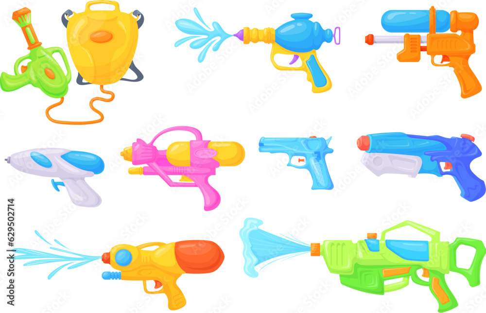 Toy water guns. Funny toy gun squirt wet spray, kids watergun splash ...