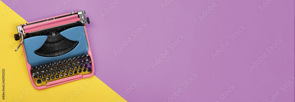 Copywriter. Vintage typewriter on color background, top view. Banner ...