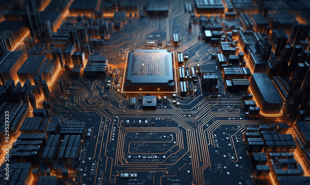a detailed circuit board, with its intricate pathways and components ...