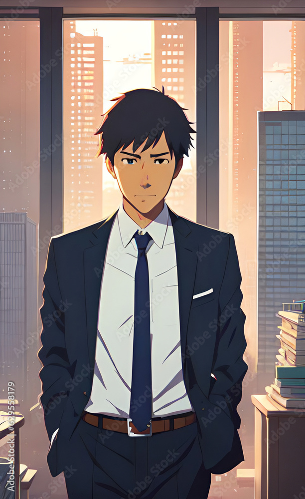 Handsome anime boy in anime style. Anime businessman working in office ...