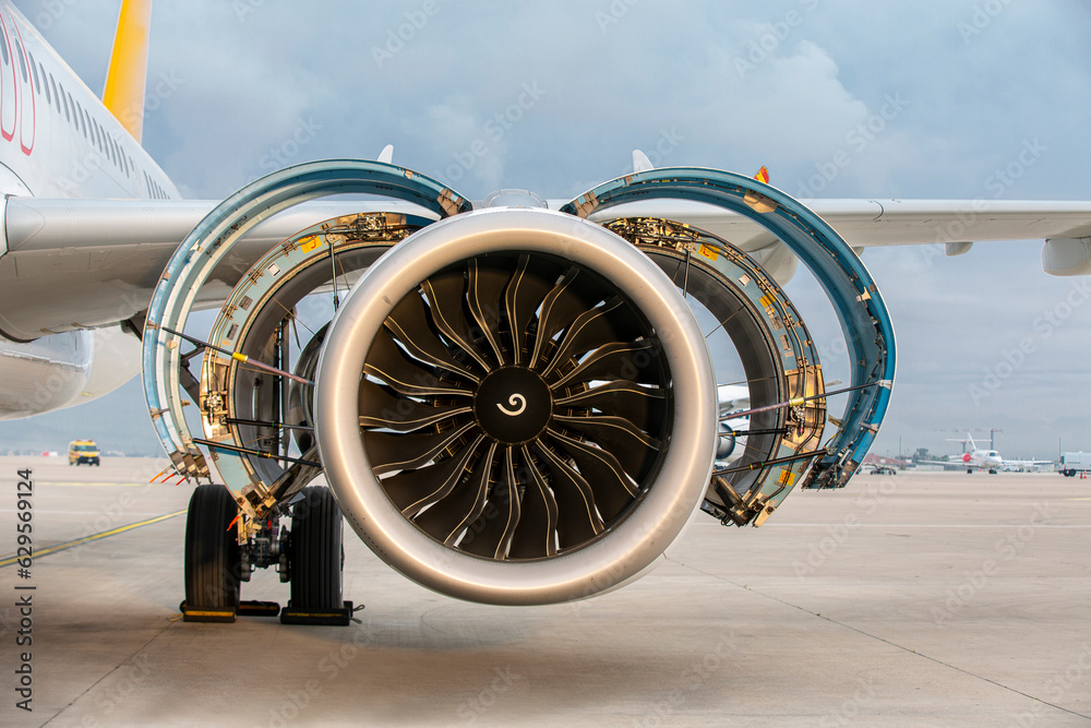 Jet engine. A modern, new generation, jet-powered passenger aircraft is ...