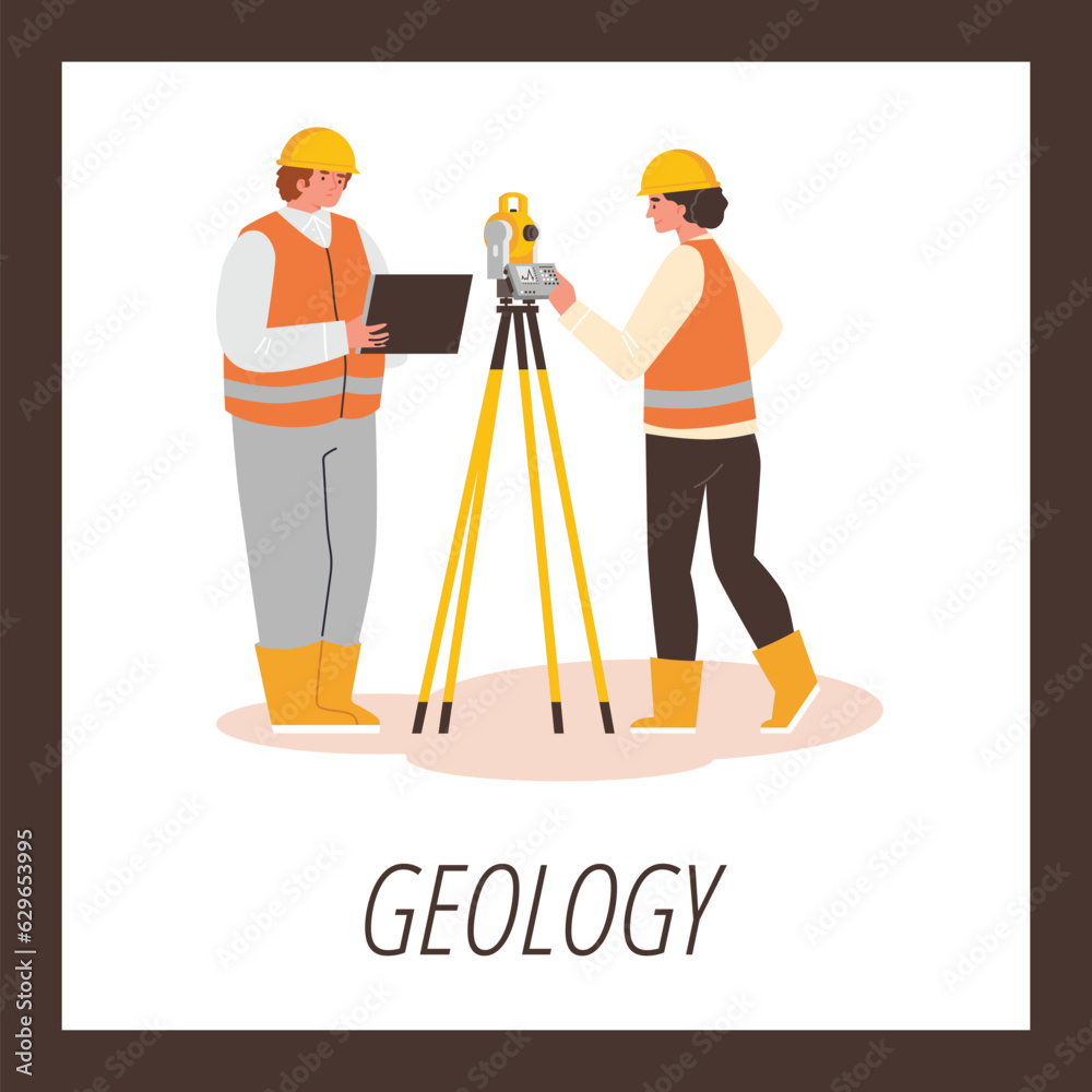 Geologist field work composition with man and woman taking geodetic ...