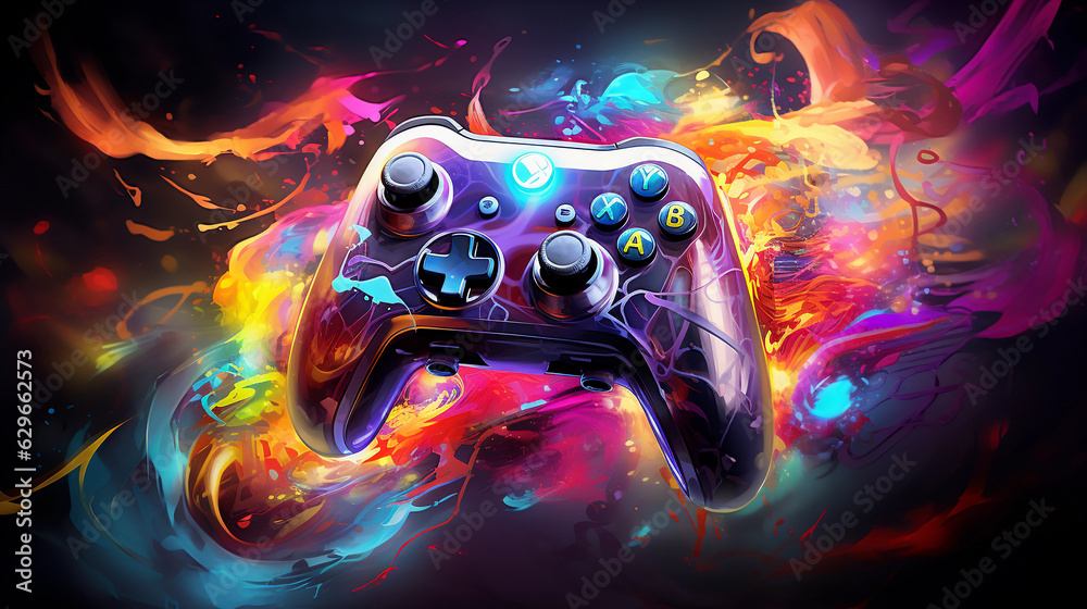 a console controller morphing into a mythical beast, vibrant colors ...