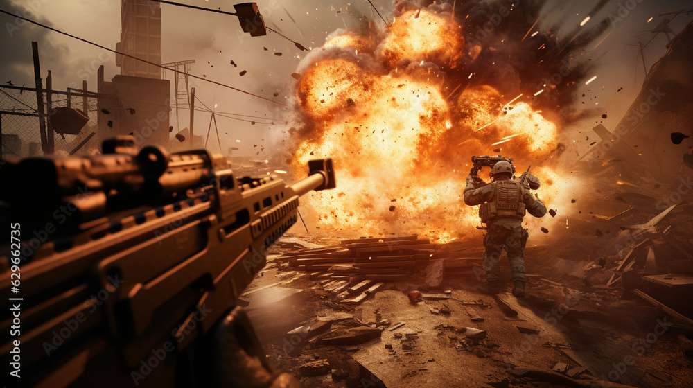 Action packed scene from a first - person shooter game, player's ...