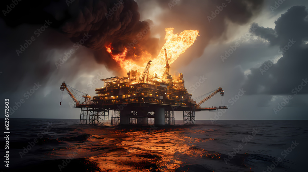Oil rig burning, Gas fire explosion on at sea water, sunset light ...
