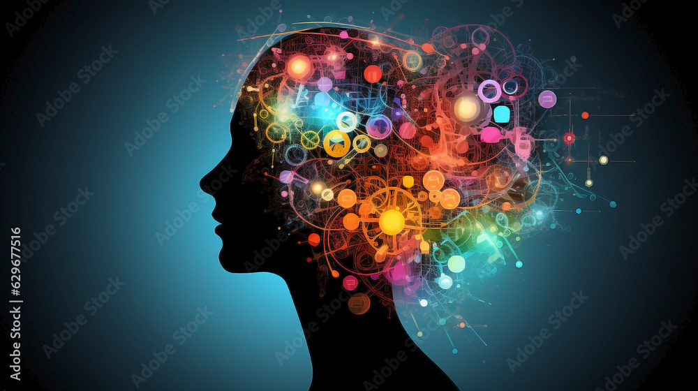 Silhouette of a woman in profile decoding abstract thoughts ...