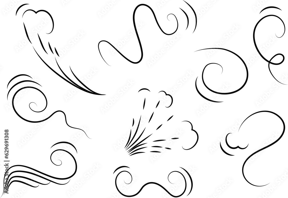 Outline drawing of a breath of wind.Wind blow set in line style.Wave ...