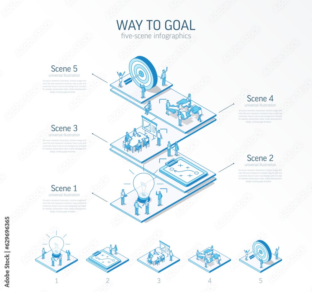 3d line isometric way to goal infographic template. Development process ...
