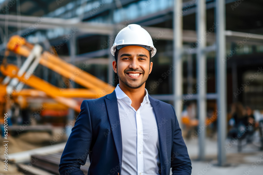 Portrait of young indian male engineer in hardhat standing outdoors ...