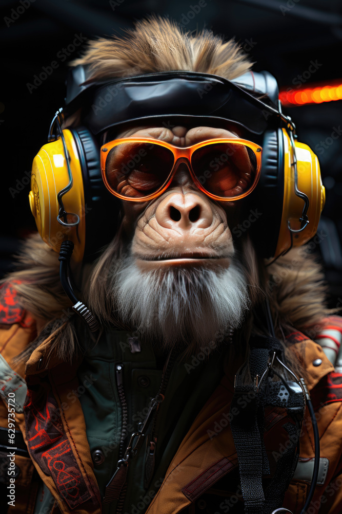 Hyperrealstic photography of a portrait of a stylized cyberpunk monkey ...