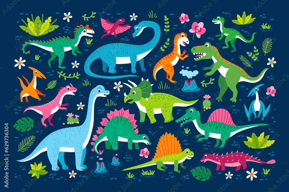 Childish poster with Jurassic reptiles. Cute flat dinosaur set ...