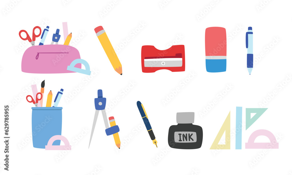 School supplies vector set. Pencil case, sharpener, eraser, fountain pen, ink, compass, ruler ...